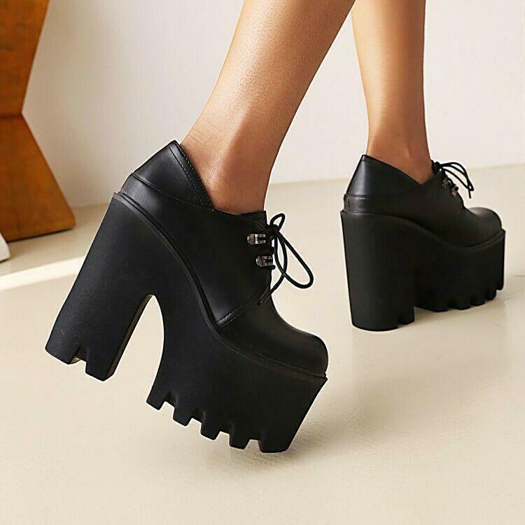 Women Punk Creeper Shoes Block Heels Lace Up Platforms Party Casual ...