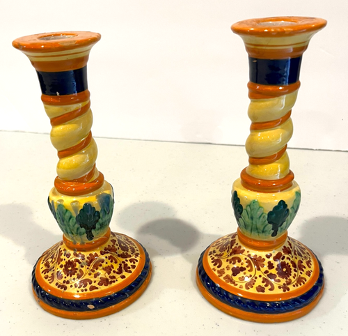 Pair of Vintage 1692 Cellini Italy Candlesticks, Hand-Painted Ceramic ...