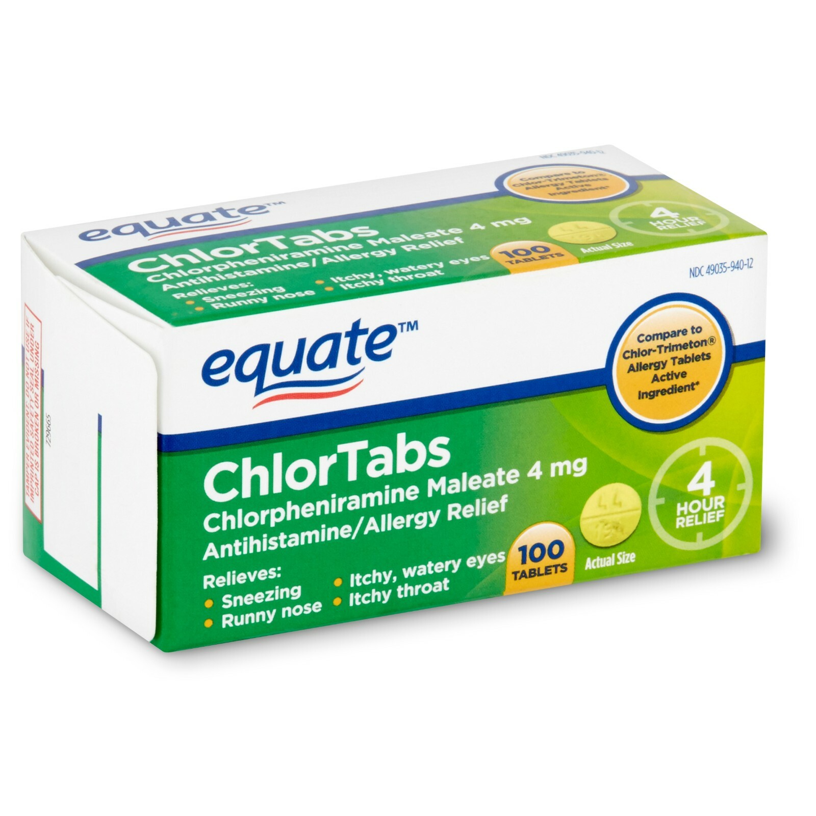 Equate ChlorTabs 4 mg 100 Ct Relieves Runny Nose, Sneezing & Itch SEE ...