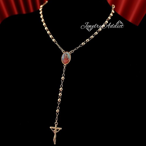 9K ROSE GOLD GF VIRGIN MARY 5MM ROSARY BEAD CROSS CRUCIFIX PRAY CHAIN Y ...