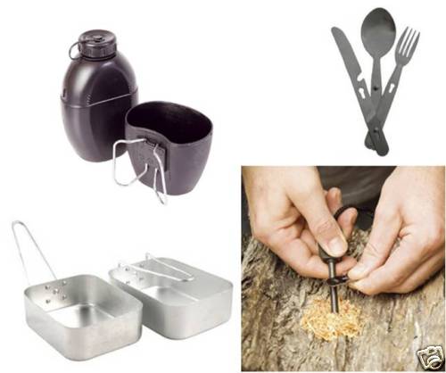 Bushcraft Survival Water bottle, Mess Tins, KFS + Flint | eBay