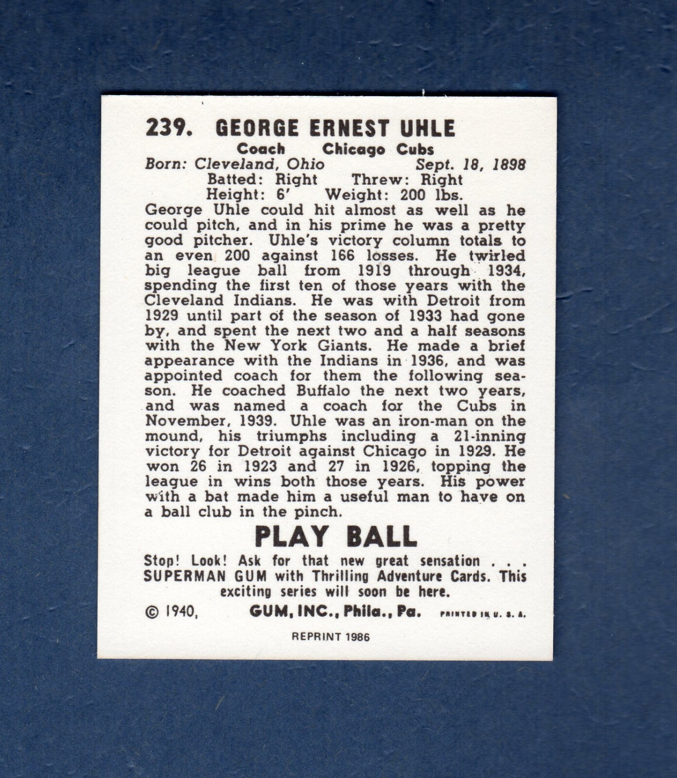#239 GEORGE UHLE, Chicago Cubs coach ~ 1940 Gum Inc. Play Ball REPRINT ...