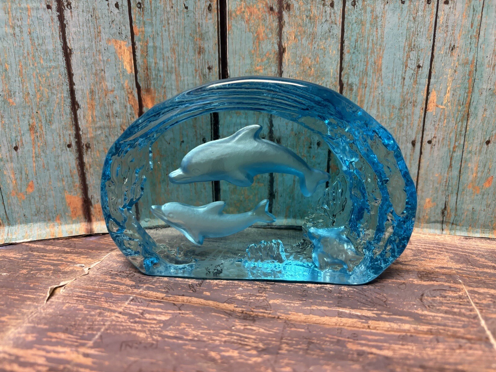 Aqua Blue Art Glass Double Dolphin Paperweight/ Sculpture Etched With ...