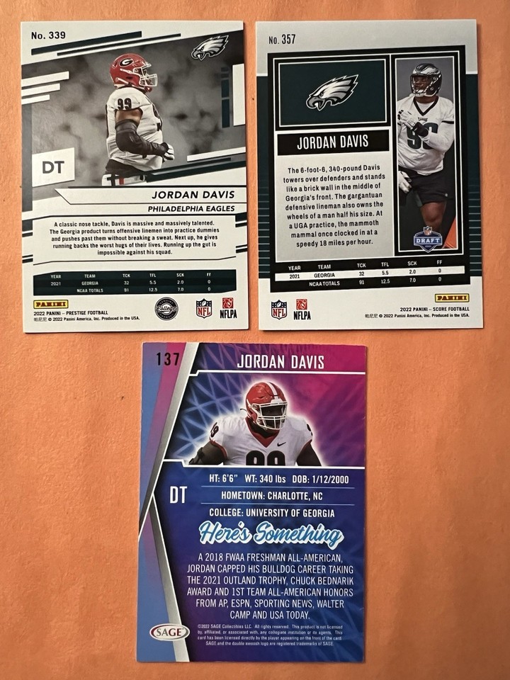 Jordan Davis (3) Cards Rookie 2022 Panini Sage Philadelphia Eagles ...