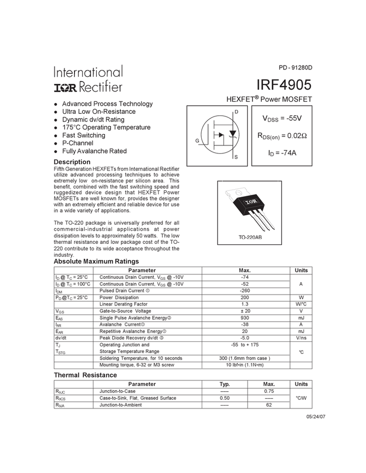 5pcs IRF4905 IRF4905PBF MOSFET Transistor FET P-Channel 55V 75A 200W ...
