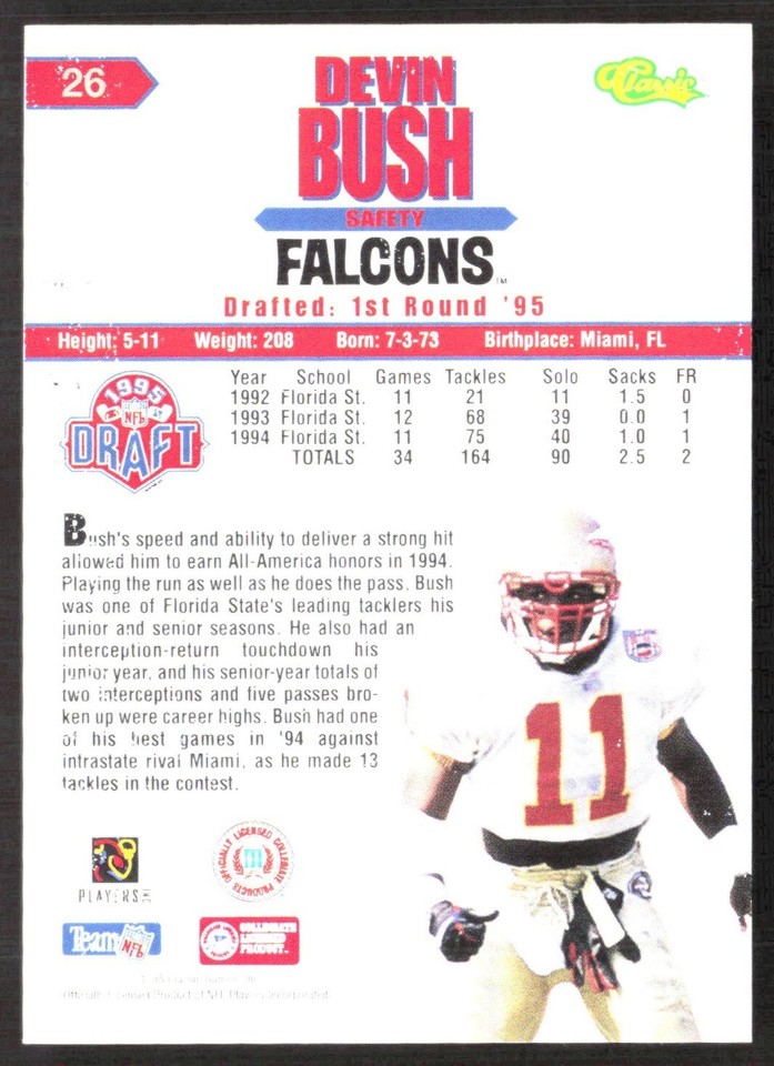 1995 Classic NFL Rookies Silver Foil #26 Devin Bush Atlanta Falcons ...
