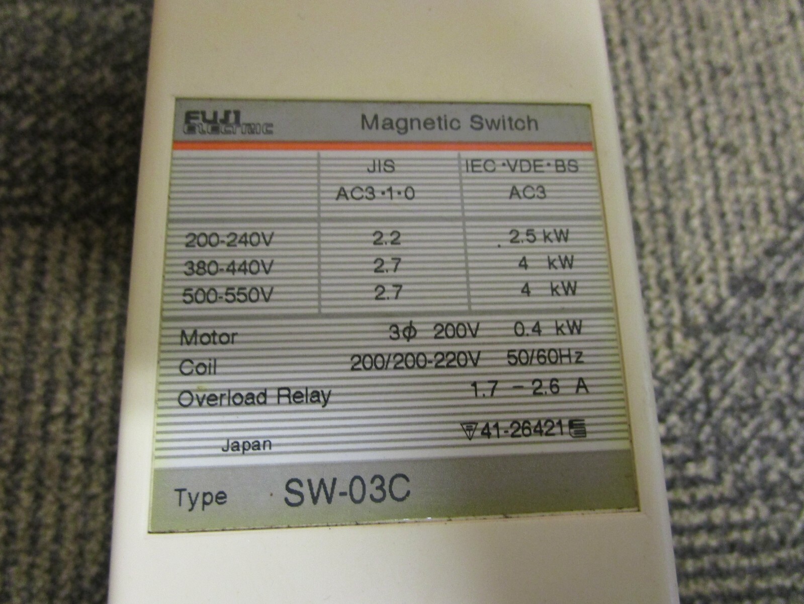 FUJI ELECTRIC ENCLOSED MAGNETIC SWITCH SW-03C 200-220V COIL 1.7-2.6A ...