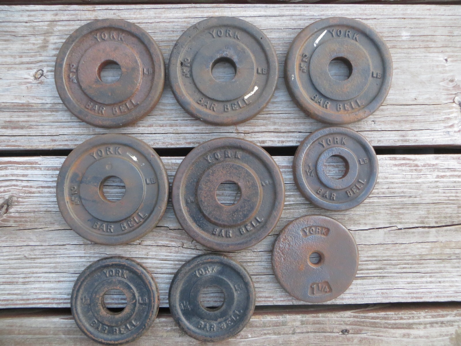 (9) VINTAGE YORK BARBELL WEIGHT PLATES - TOTAL 17-1/2 POUNDS - STANDARD ...