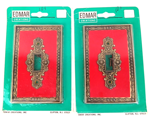 2 NOS VTG Edmar Creations Metal Light Switch Covers Floral W/Red Insert ...
