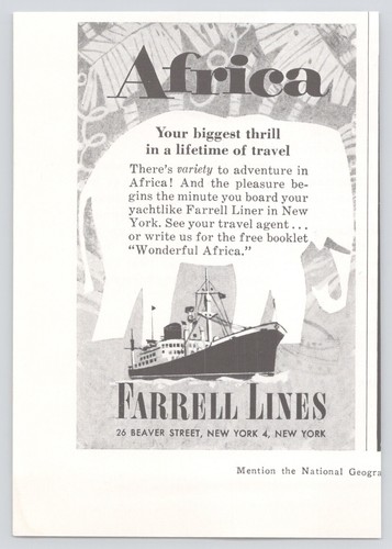 1958 Farrell Lines Africa Cruise Vtg Small Print Ad New York NY Ship ...