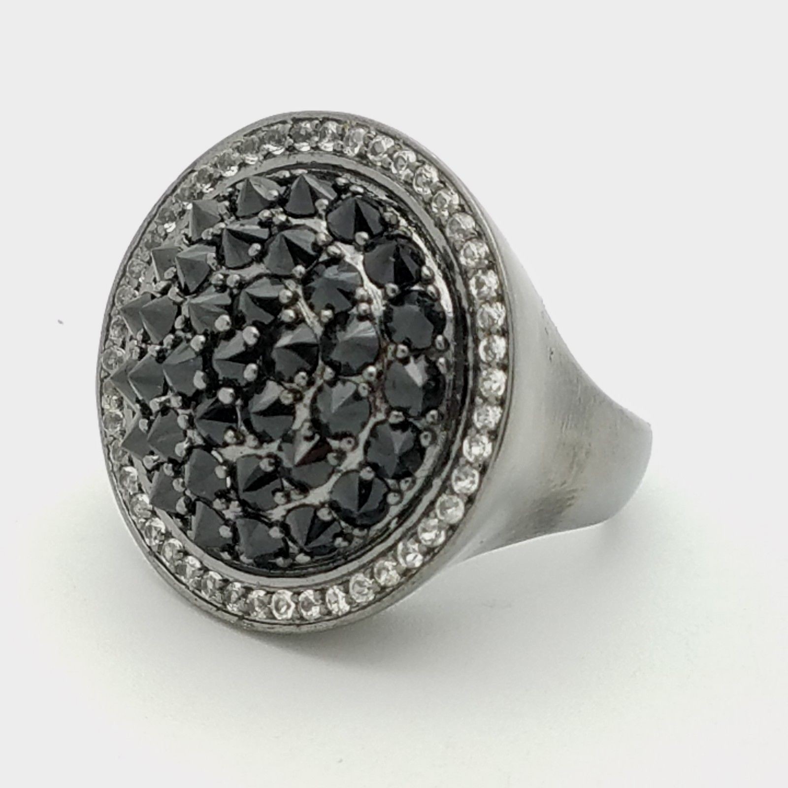 Blackened Sterling Silver 925 Spiky Black Spinel White Gem Dome Ring ...