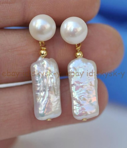 Unique Genuine Natural White Baroque Rectangle Biwa Pearl Dangle Stud ...