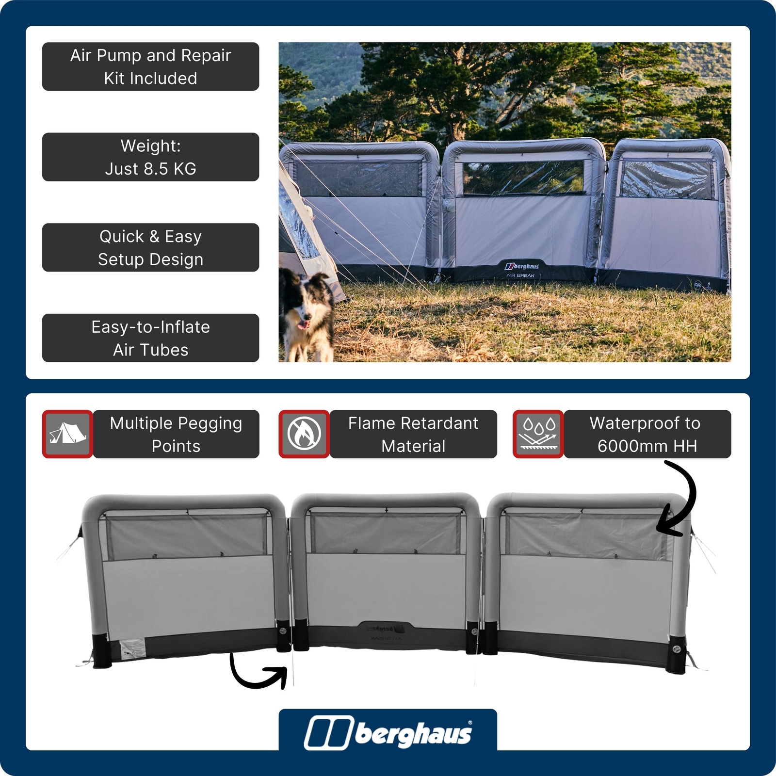 Berghaus Air Inflatable Waterproof Windbreak for Privacy Caravanning ...