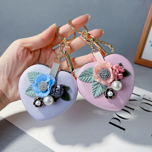 Cute Heart-shaped Cosmetic Mirror Keychain Stylish Flower Foldable ...