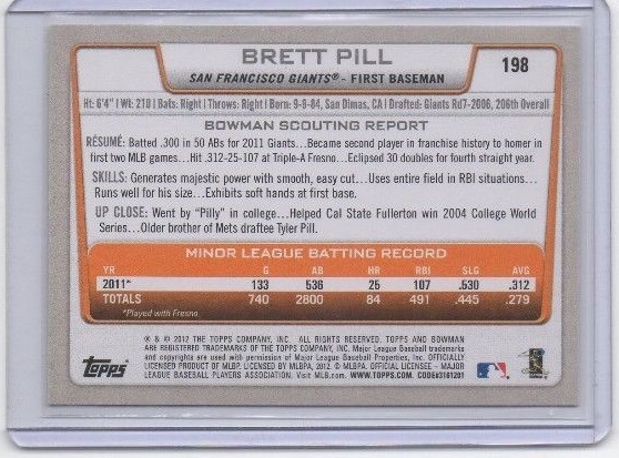 Brett Pill RC Rookie Card San Francisco Giants Bowman | eBay