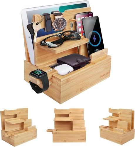 Bamboo Multiple Device Docking Station Phone Key Holder Laptop Tablet ...
