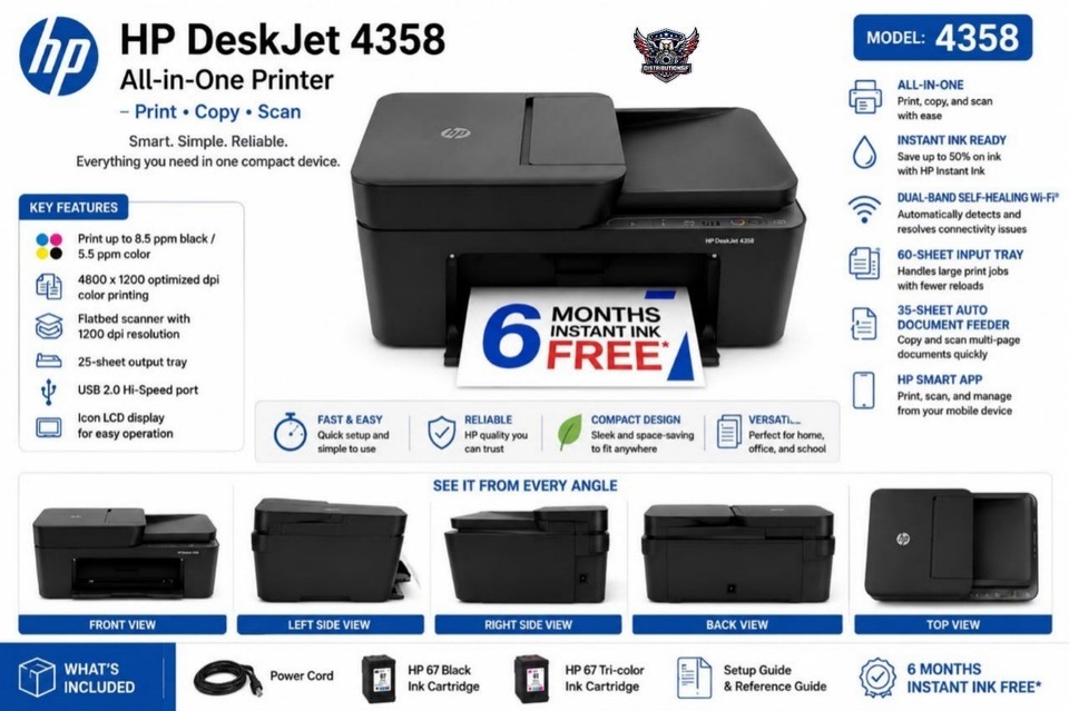 HP DeskJet 4358 All-in-One Wireless Printer Print Scan Copy ADF Instant ...