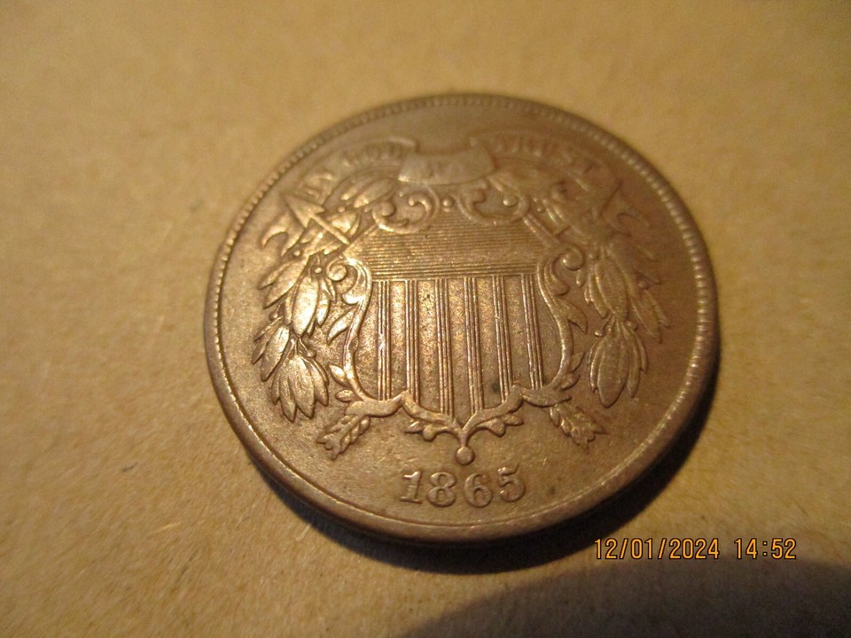 1865 Copper Two Cent Coin, Rare Mint error no "T" in cents. #83-8149 ...