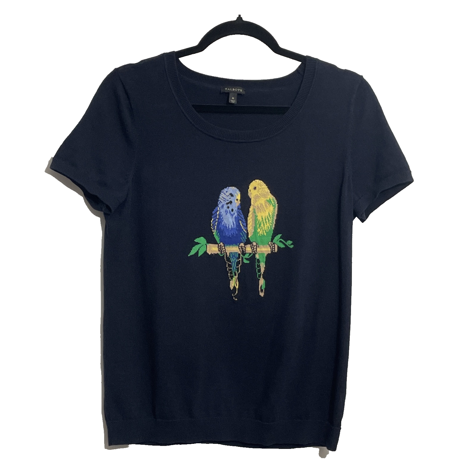 Talbots Womens Navy Blue Cotton Knit Parakeets Bird Short Sleeve ...