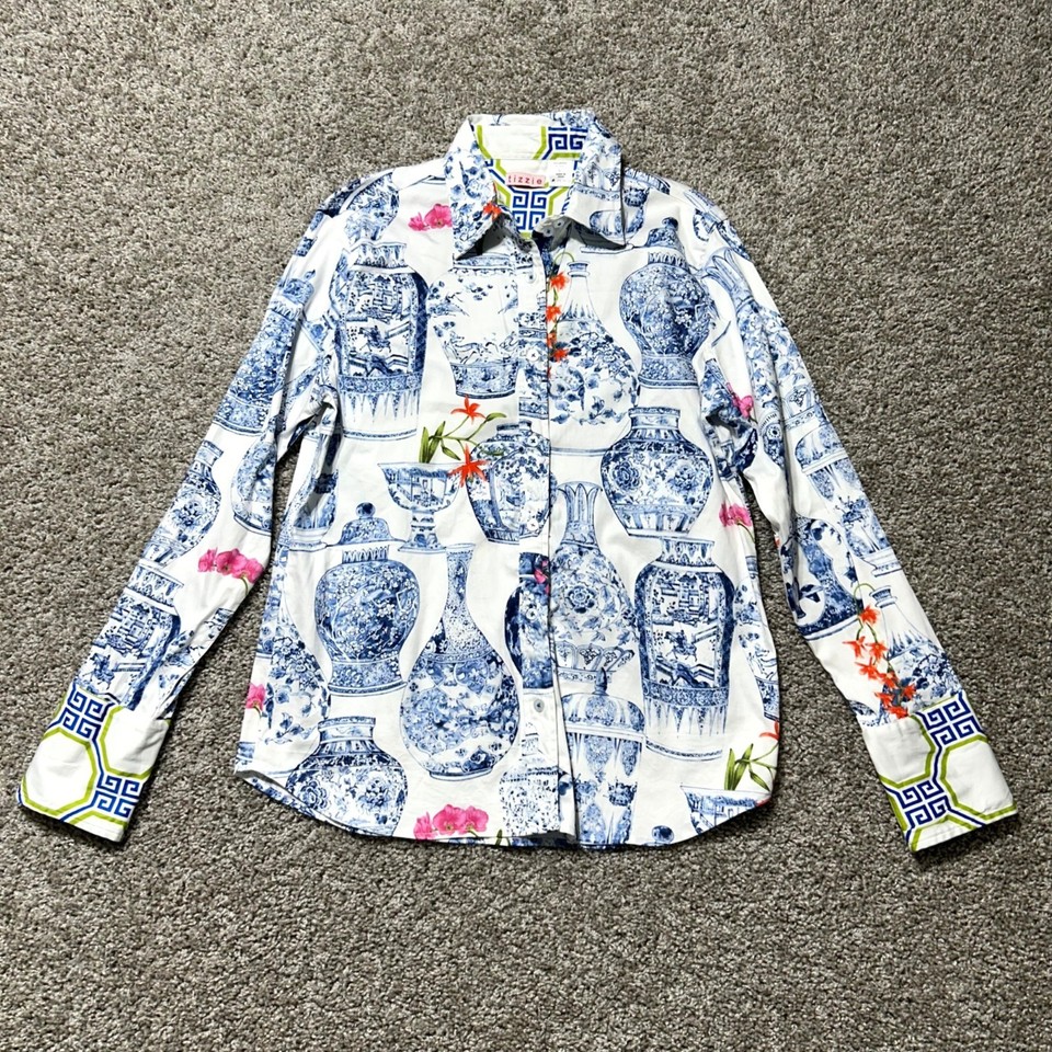 Tizzie Womens Sz L Long Sleeve Button-Up Shirt With Blue Vase & Floral ...