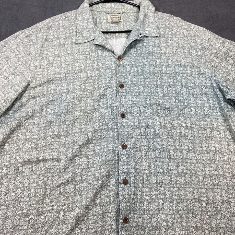 L.L. Bean Mens XL Short-Sleeve Button-Up Shirt Green Floral Print 100% ...