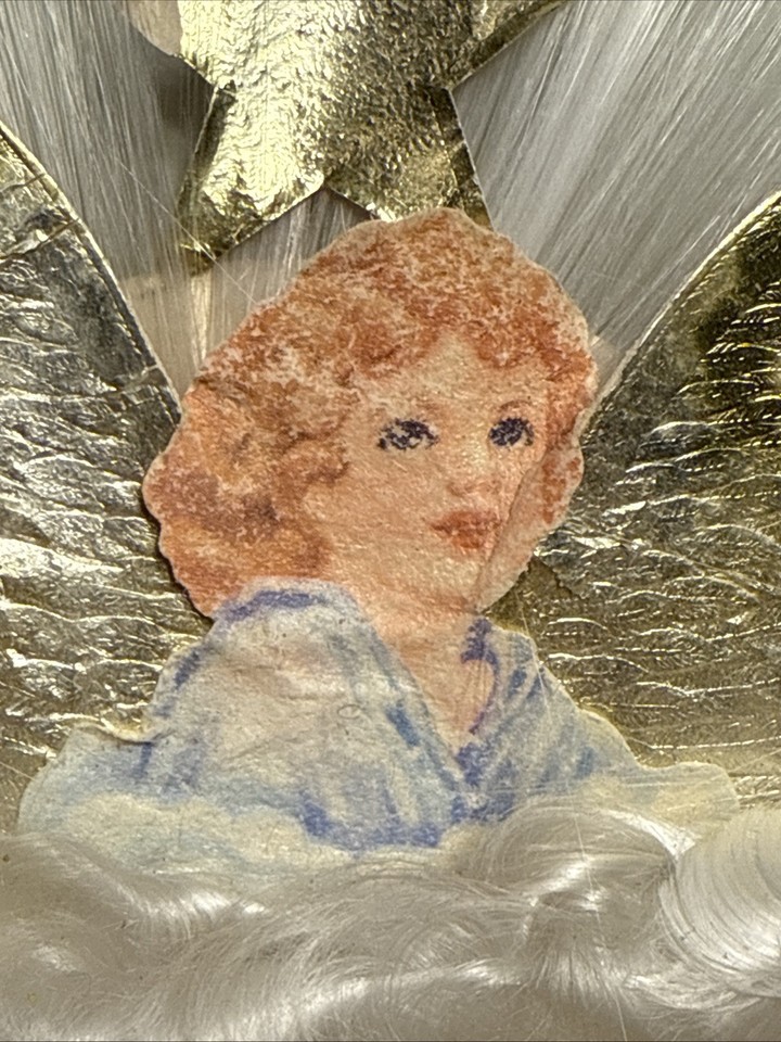 VINTAGE NATIONAL TINSEL SPUN GLASS ANGEL TREE TOPPER SCRAP PAPER FACE ...
