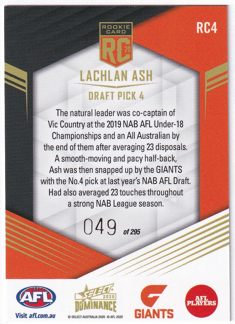 2020 SELECT DOMINANCE '2020 ROOKIE' RC4 LACHLAN ASH GWS GIANTS #049 ...