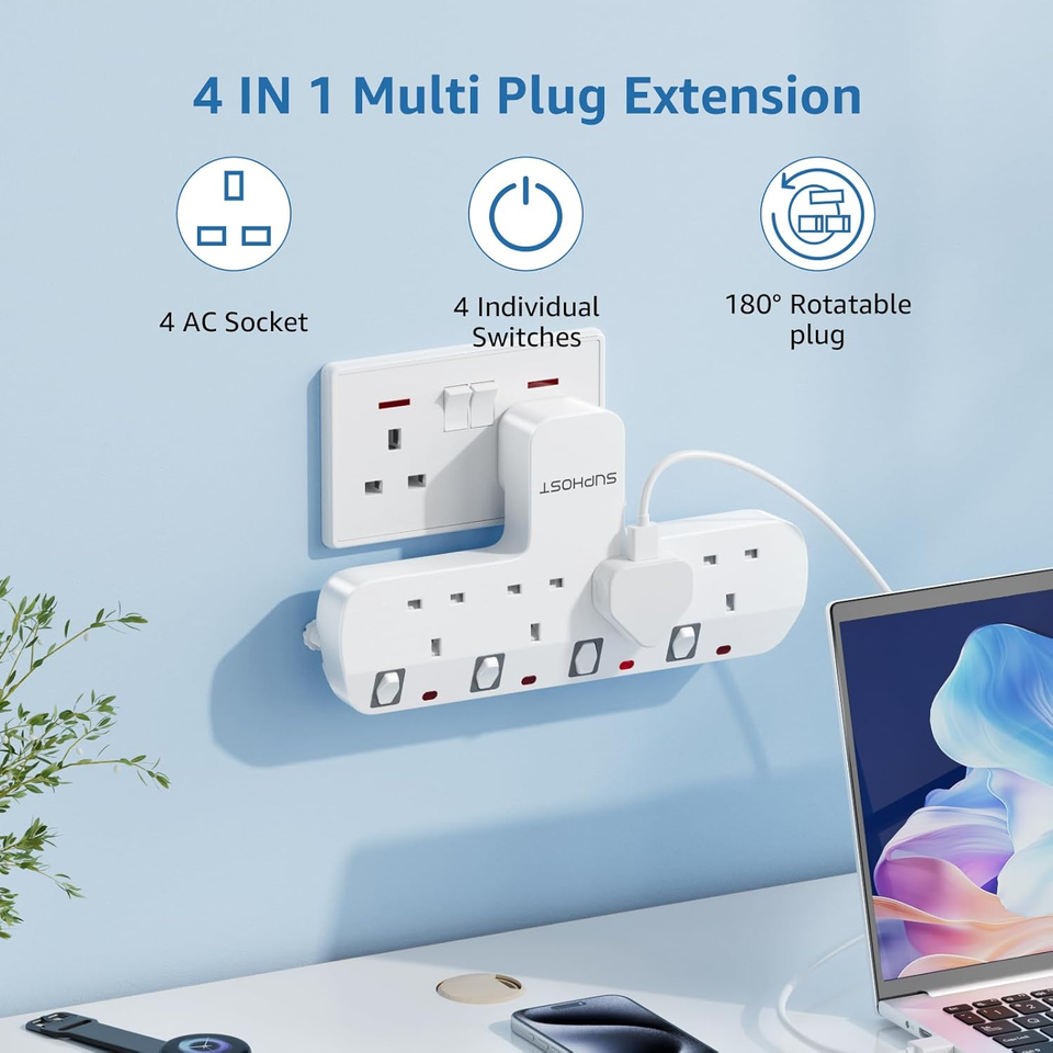 SUPHOST Plug Extension Socket, 4 Way Plug Adapter with 180 Degree ...