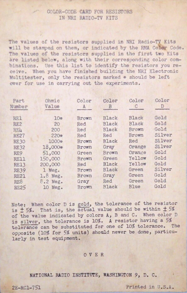 1940’s – Color-Code Card For Resistors In NRI Radio TV Kits & General ...