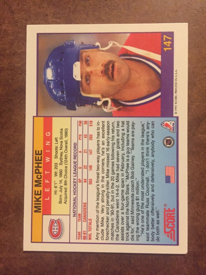 Mike McPhee 147 Score 1991 NHL Hockey Trading Card | eBay