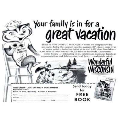 1953 Wisconsin Vacation Travel Vintage Print Ad Bucky Badger Cartoon ...