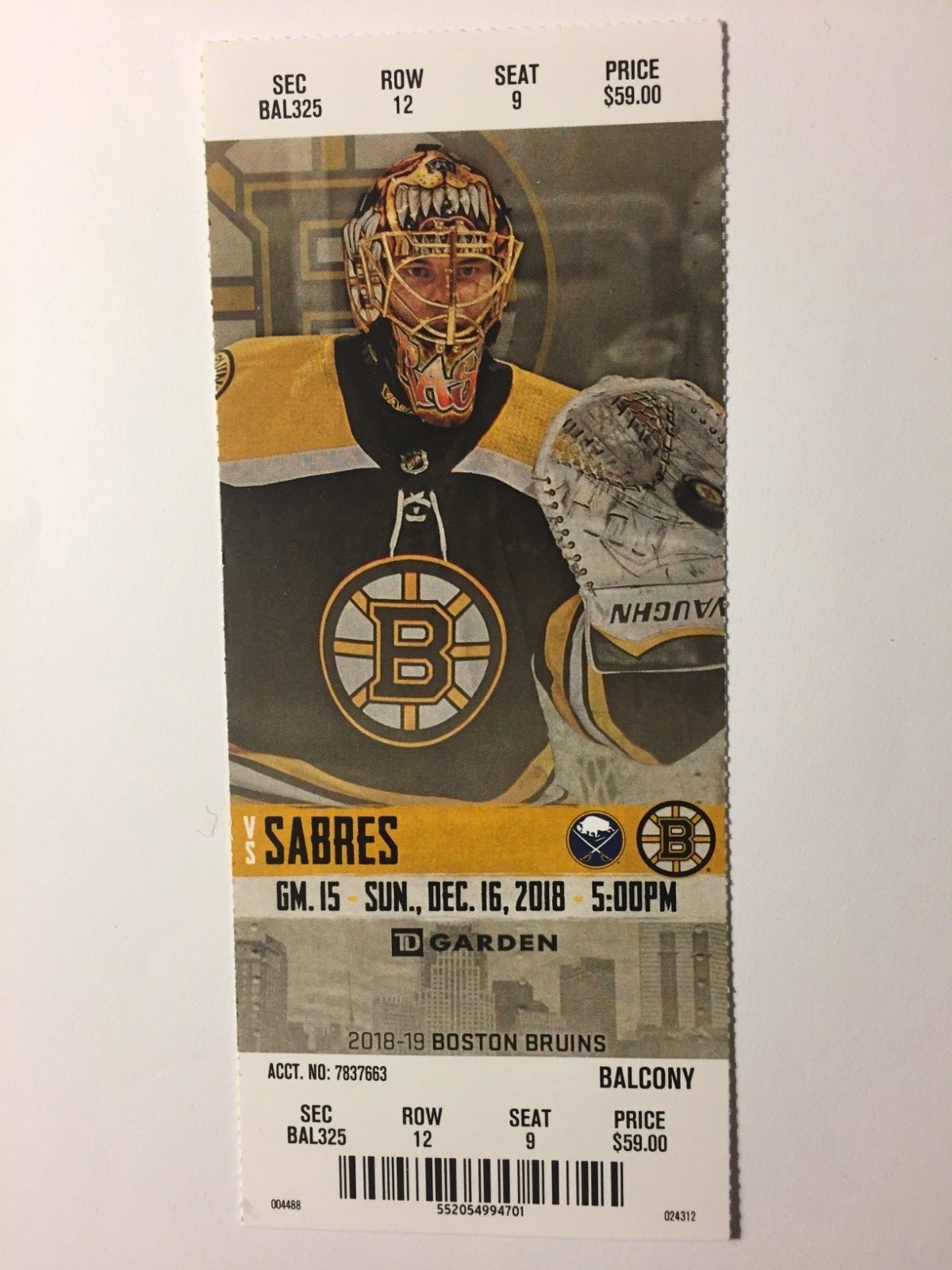 BOSTON BRUINS VS BUFFALO SABRES DECEMBER 16, 2018 TICKET STUB | eBay