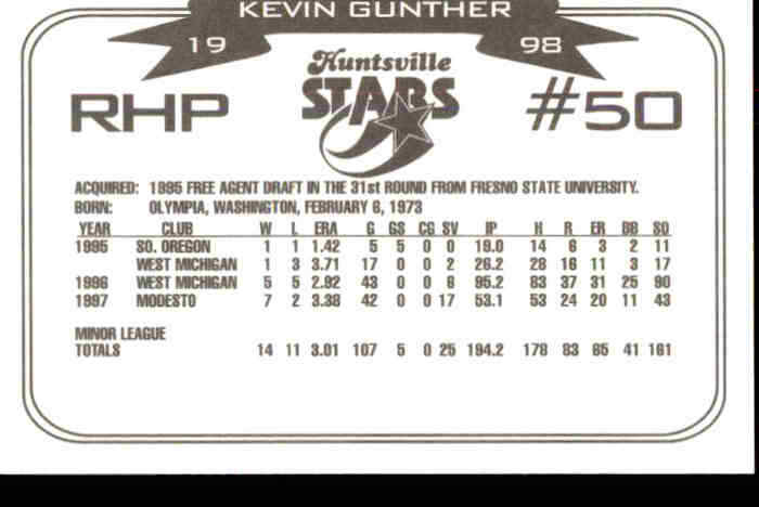 1998 Huntsville Stars Team Issue #23 Kevin Gunther Olympia Washington ...