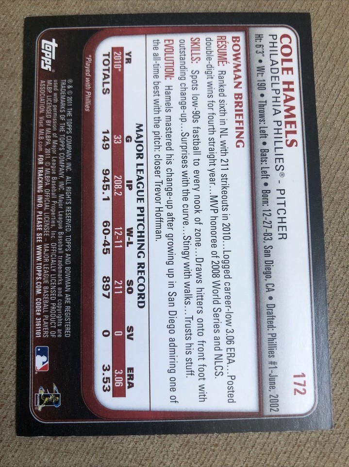 2011 Topps Bowman Cole Hamels MLB Card No. 172 - Philadelphia Phillies ...