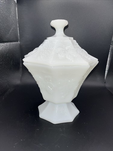 Anchor Hocking Vintage Milk Glass Candy Dish with Lid Grapes Stippled ...