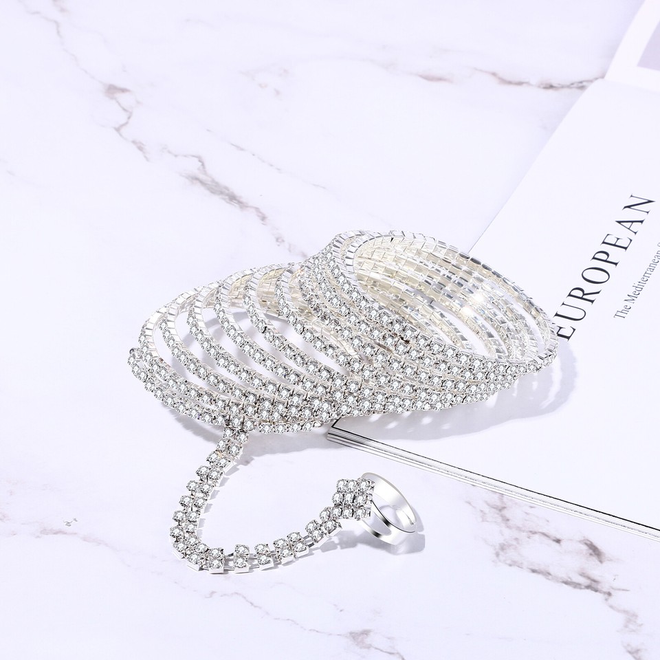 Women Girls Multilayer Bling Rhinestone Elastic Cuff Bracelet Linked ...