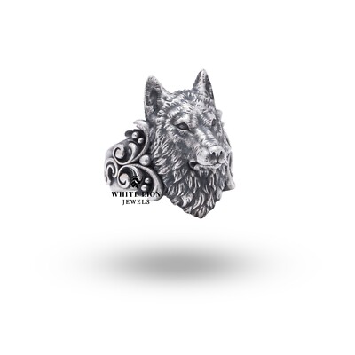 Size 9.25 Grey Wolf Head Biker Warlock Swallow Animal 925 Silver Men Ring Gift | eBay UK