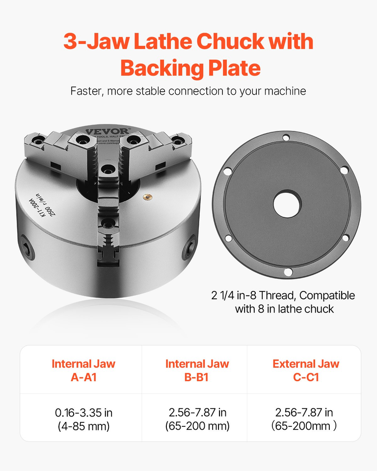 VEVOR 3-Jaw Lathe Chuck, 8 Inch (200 mm), Self-Centering Chuck with 2 1 ...