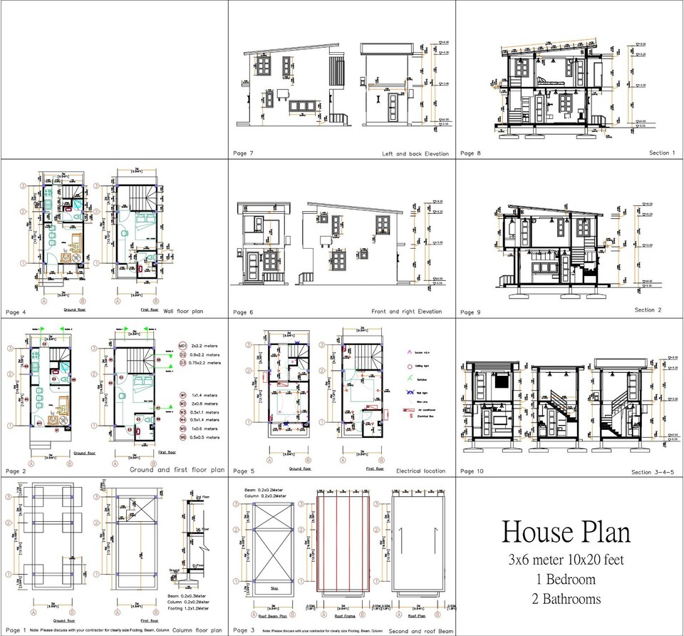 10x20 Feet Small House 3x6 Meter 1 Bed 2 Baths Shed Roof PDF Plan (A4 ...