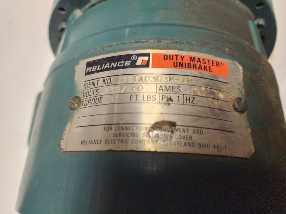 Reliance 1-1/2 hp. 1680 rpm. Brake Motor Duty Master Brake 460 3 Ph ...