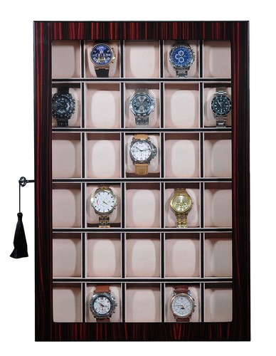 30 WATCH EBONY WALNUT WOOD DISPLAY WALL CASE STAND STORAGE ORGANIZER ...