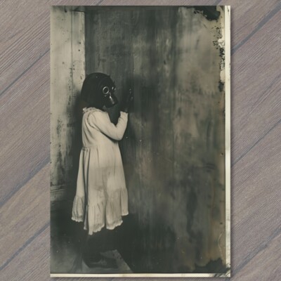 POSTCARD Girl Gas Mask Weird Creepy Corner Apocalypse Nightmare Scary ...