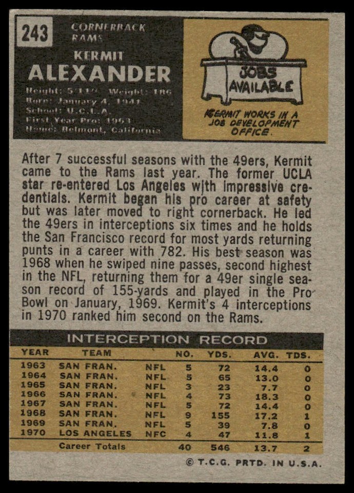 1971 Topps #243 Kermit Alexander Los Angeles Rams | eBay