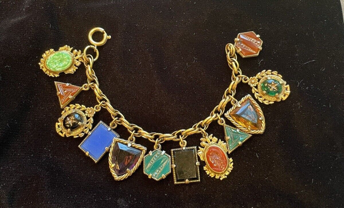 Mid-Century Gold Charm Bracelet - Shields, Impressed,… - Gem