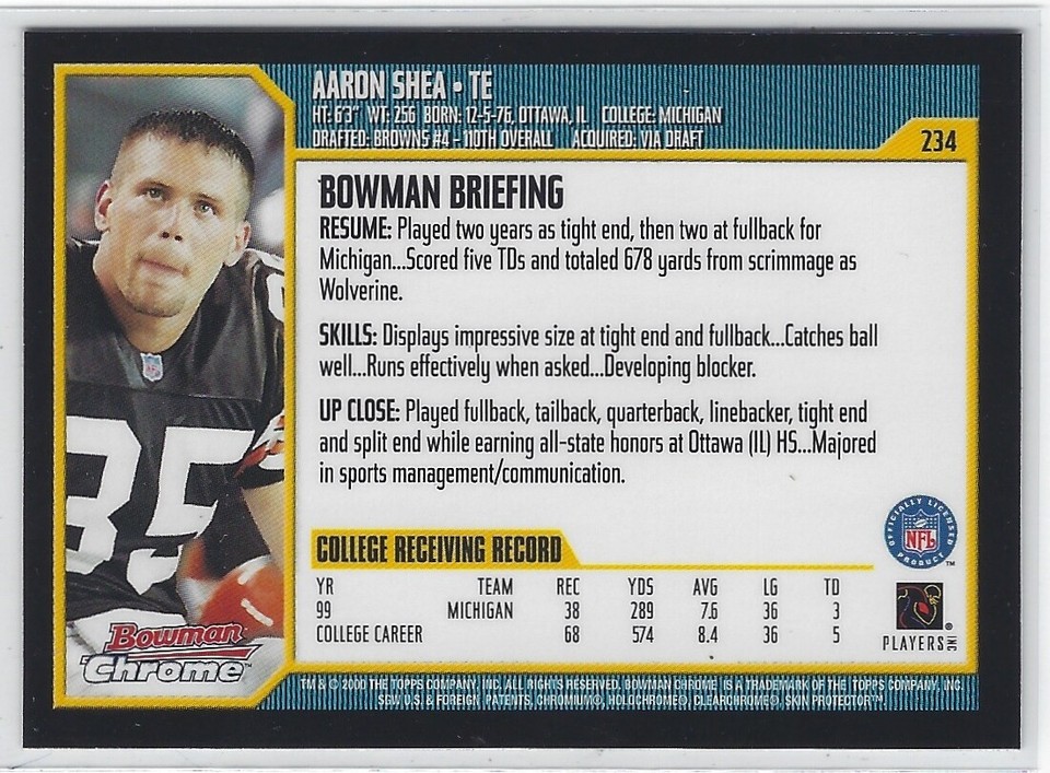 2000 BOWMAN CHROME AARON SHEA RC #234 CLEVELAND BROWNS MICHIGAN ...
