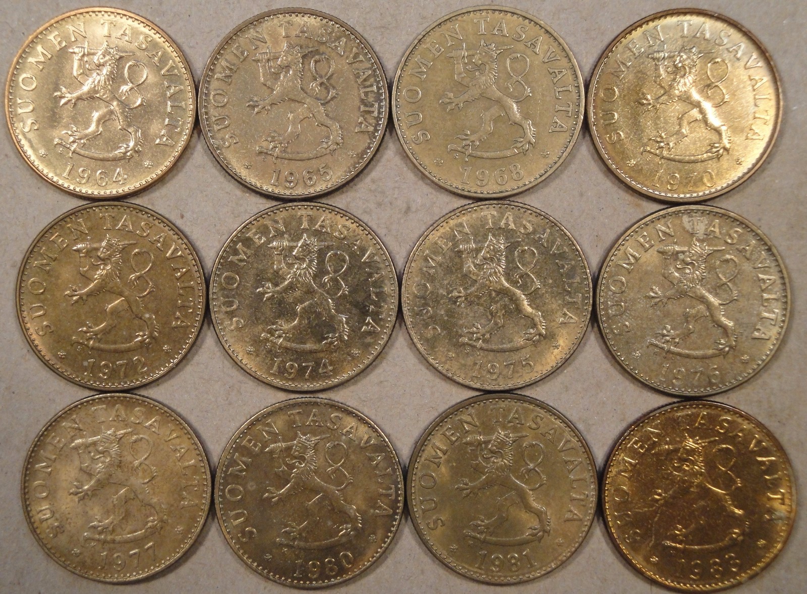 Finland 12 Different Fifty Pennia 1964-83N Better Grade-BU as Pictured ...