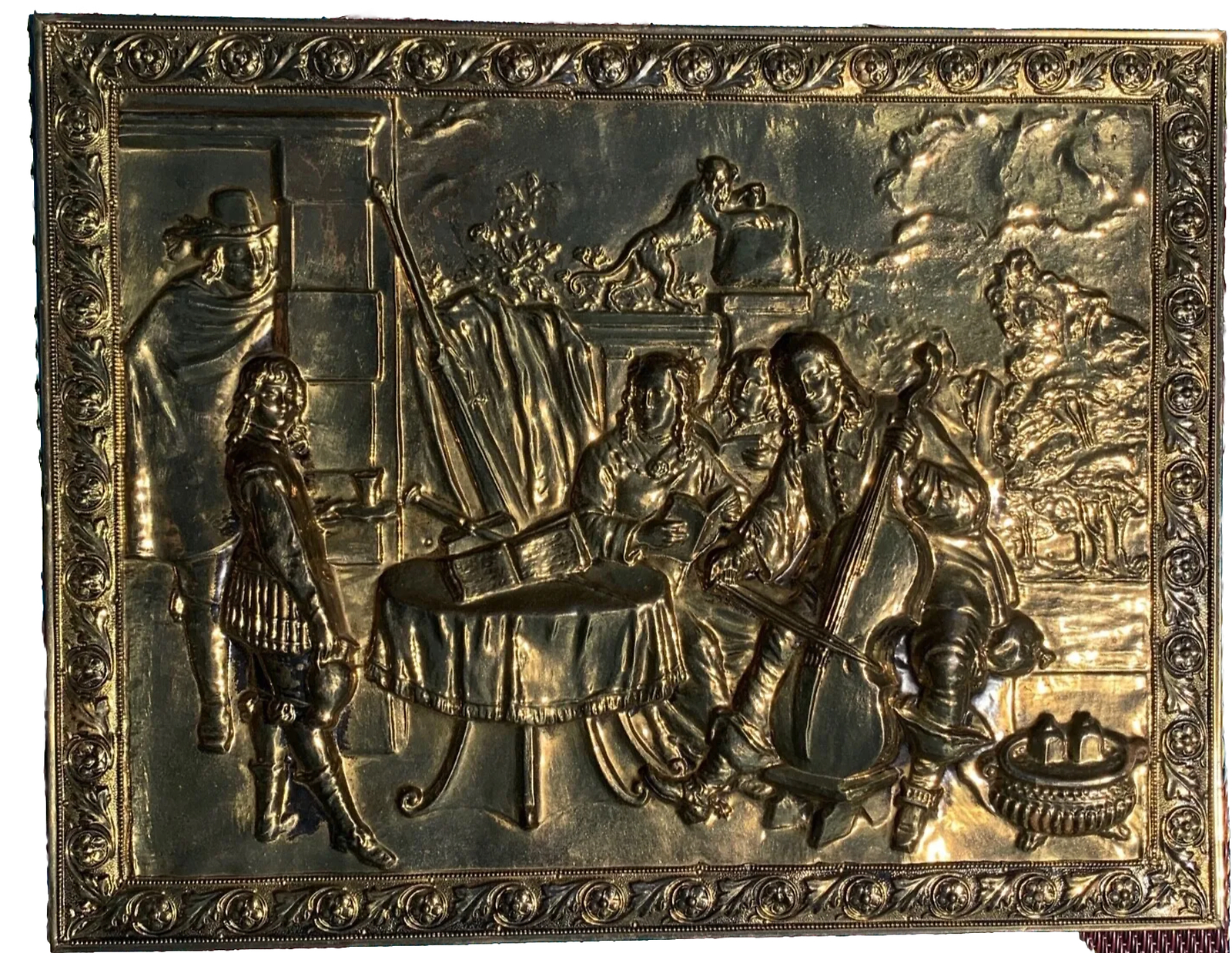 antique-brass-repousse-fireplace-panel-victorian-musicians-1800s-wall