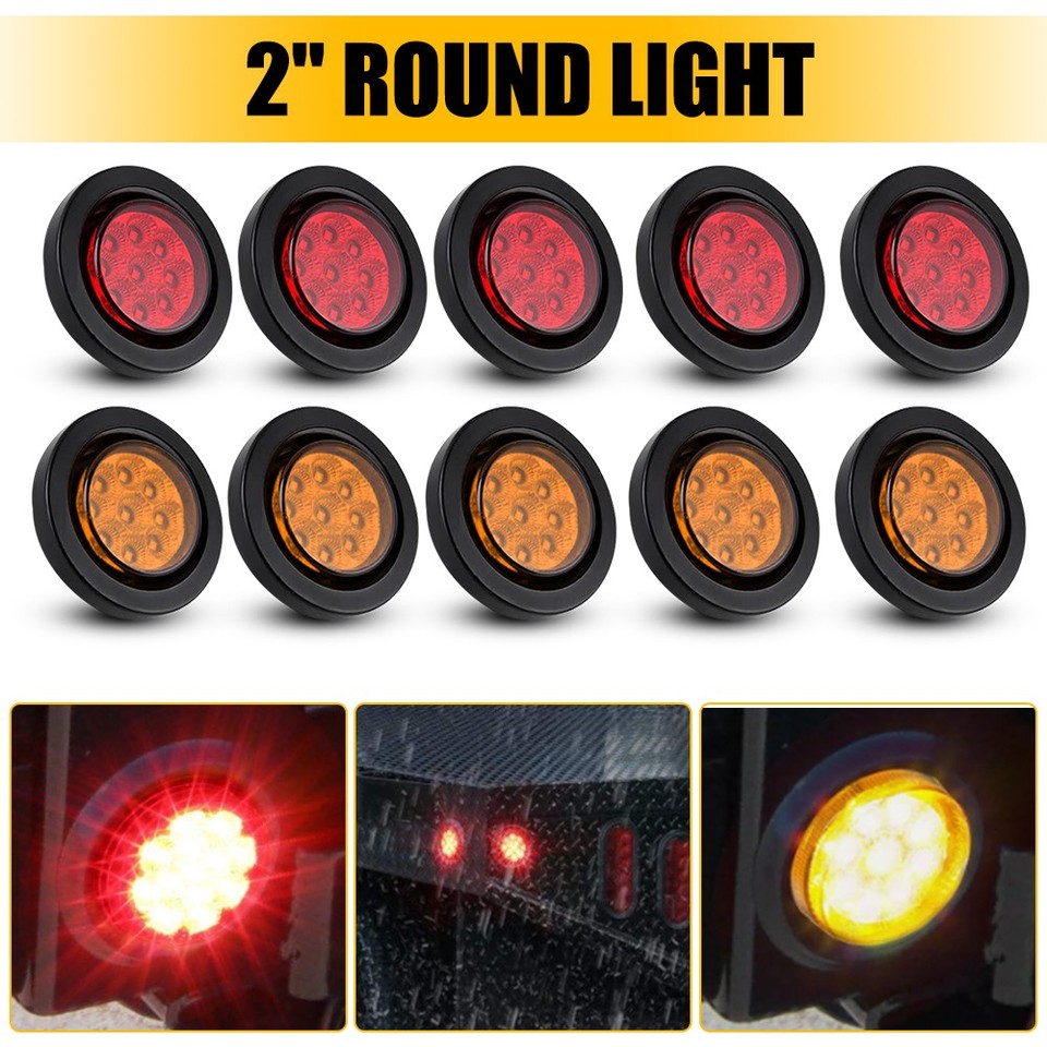 10pcs Truck RV 2" DOT Amber Red Round Trailer 9LED Marker Tail Lights w ...