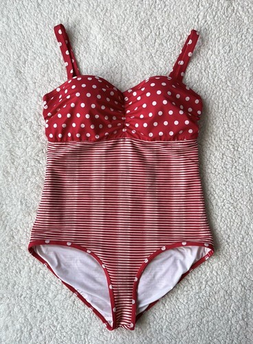 High Dive By Modcloth Retro Swimsuit Large Red White Stripe Polka Dot ...