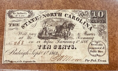 1862 State of North Carolina, 10c Note CR114 Civil War era. | eBay